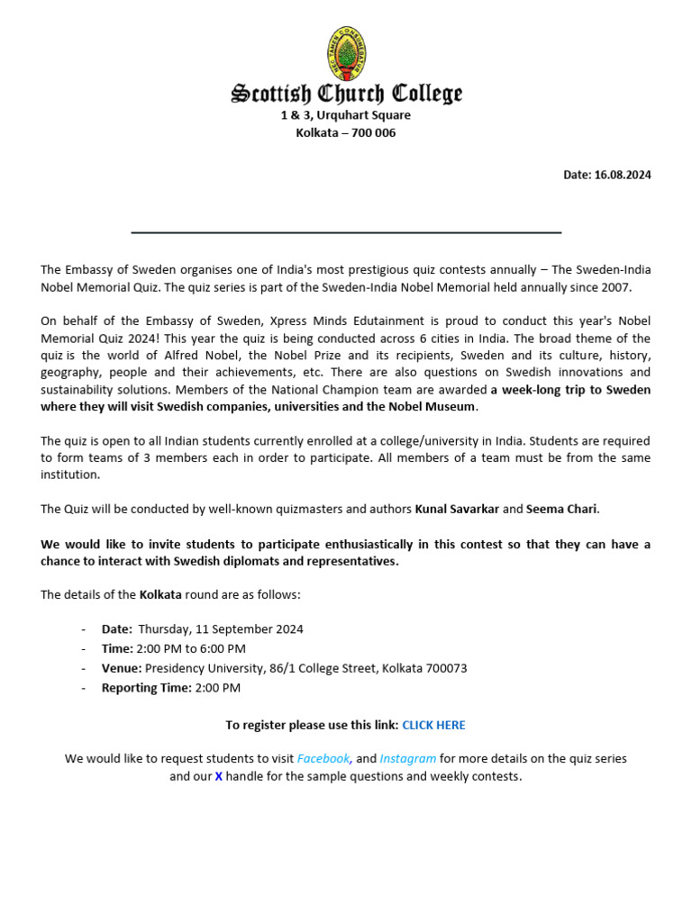Invitation To Sweden India Nobel Memorial Quiz 2024 Kolkata | PDF