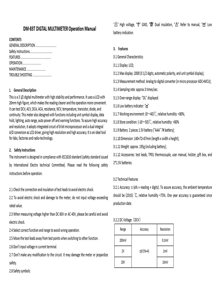 Digtal Multimeter Operation Manual: 3. Features | PDF | Bipolar ...