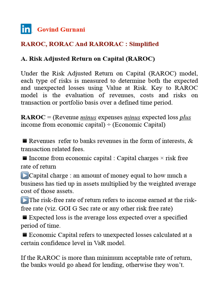 RAROC, RORAC and RARORAC - Simplified | PDF | Financial Risk | Value At ...