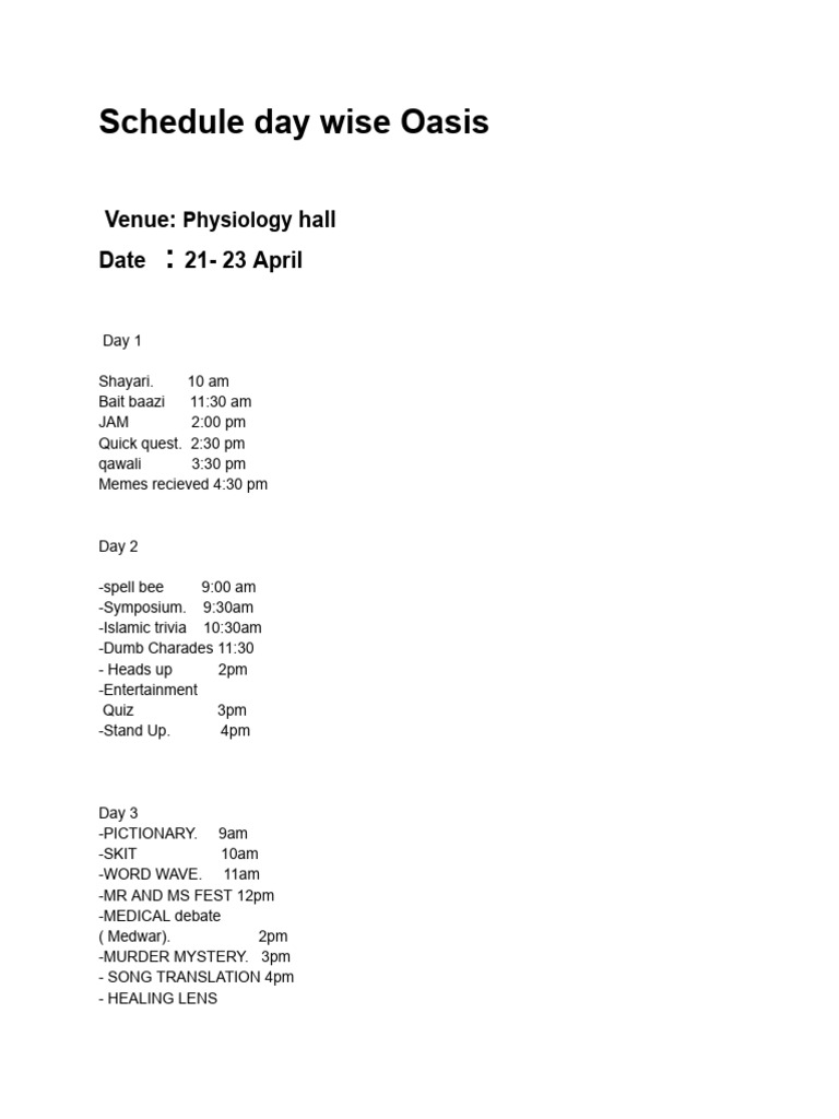 Schedule Oasis | PDF