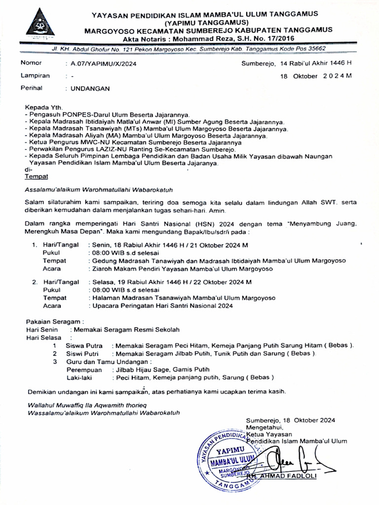 Surat Undangan Hari Santri Dan Ziaroh | PDF