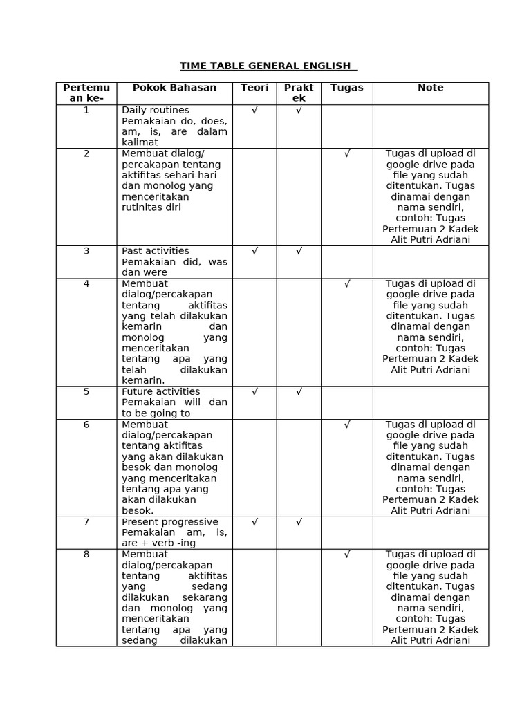English Time Table | PDF