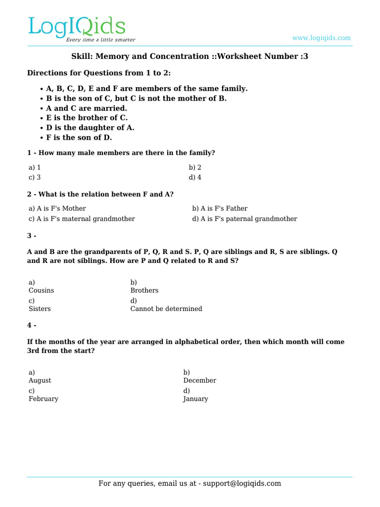 Skill: Memory and Concentration::Worksheet Number:3: A) 1 B) 2 C) 3 D ...