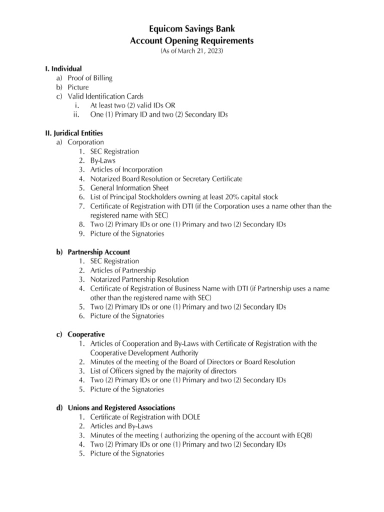 Equicom Savings Bank Account Opening Requirements 03212023v2 | PDF