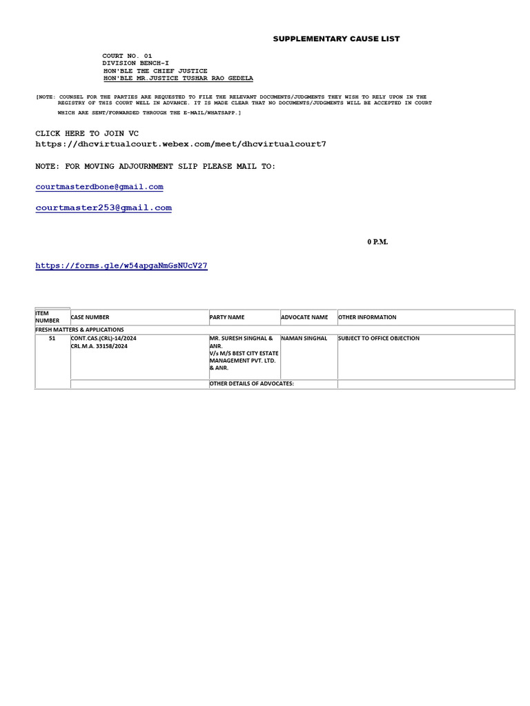 Click Here To Join VC: Supplementary Cause List | PDF | Law