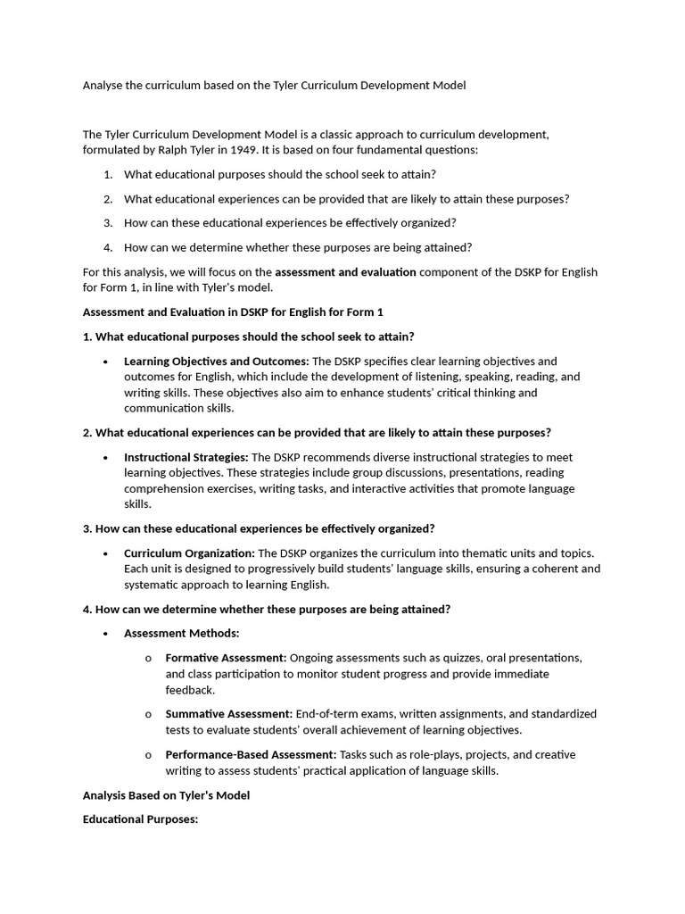 Analyse The Curriculum Based On The Tyler Curriculum Development Model ...