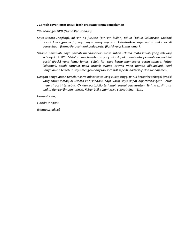 Contoh Cover Letter Untuk Fresh Graduate Tanpa Pengalaman | PDF