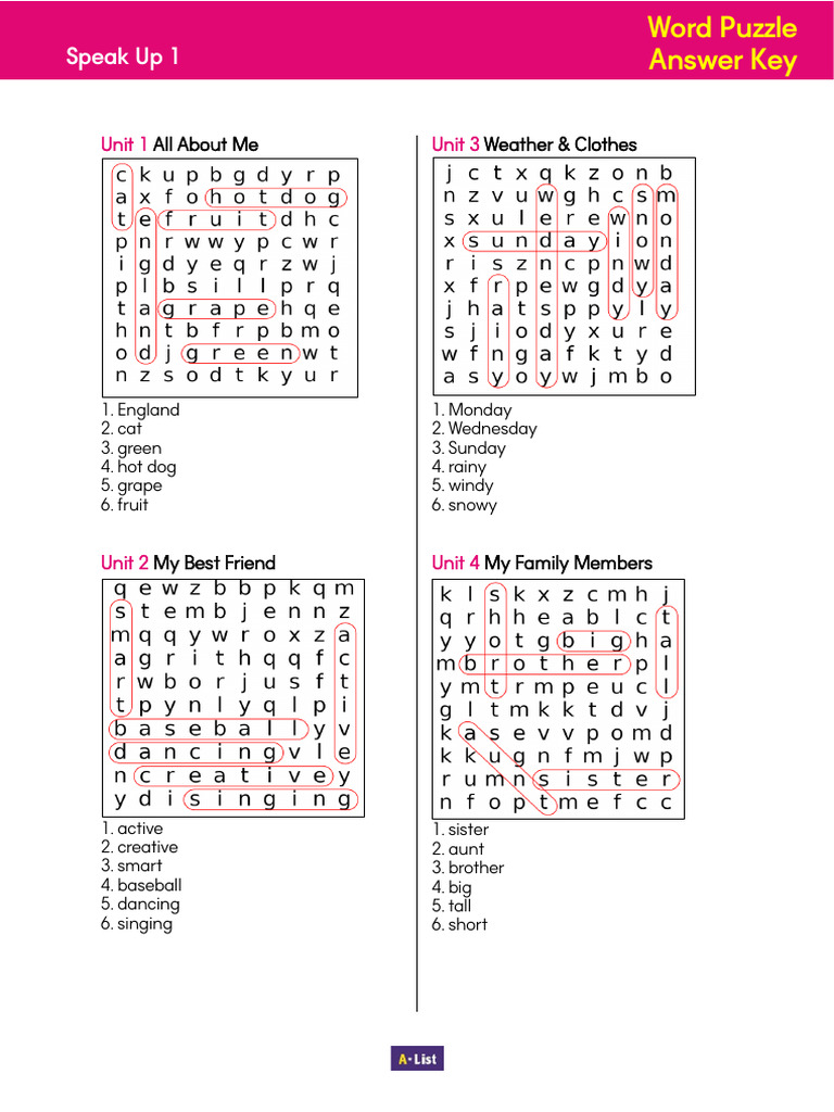 Speak Up 1 Word Puzzle Answer Key | PDF | Self-Improvement