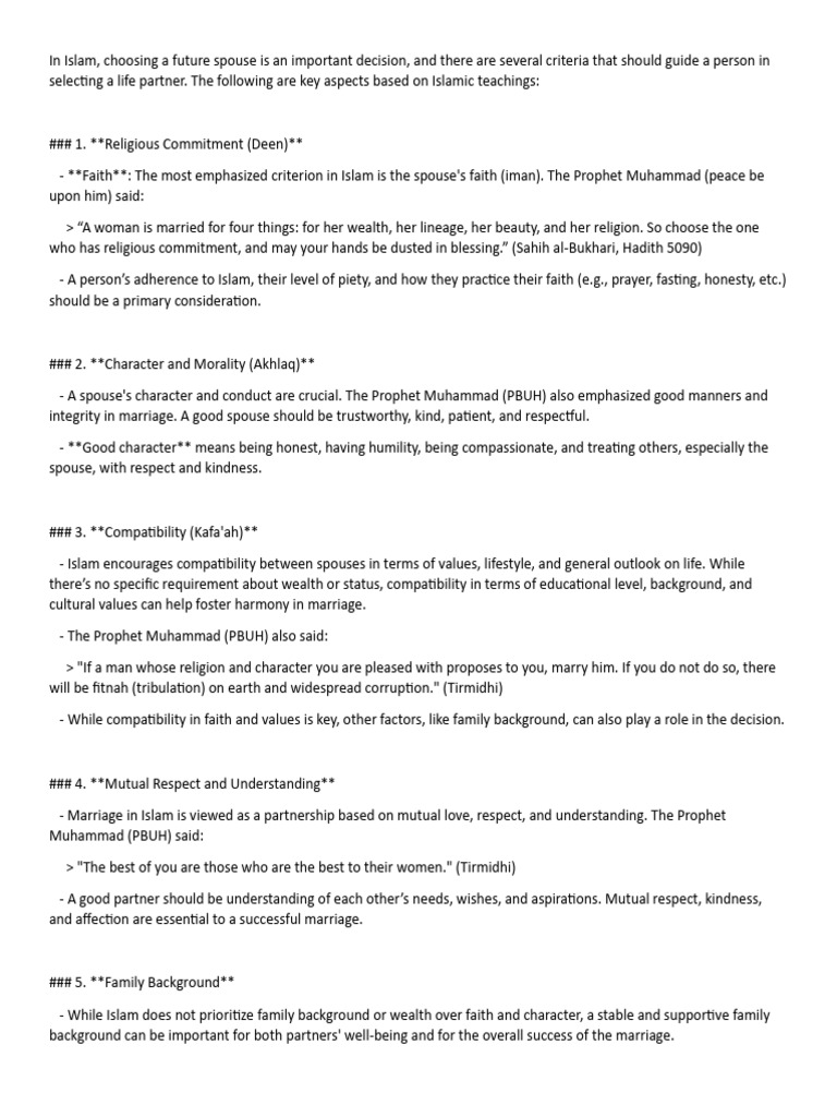 Choosing a Spouse in Islam: Key Criteria | PDF | Marriage | Family