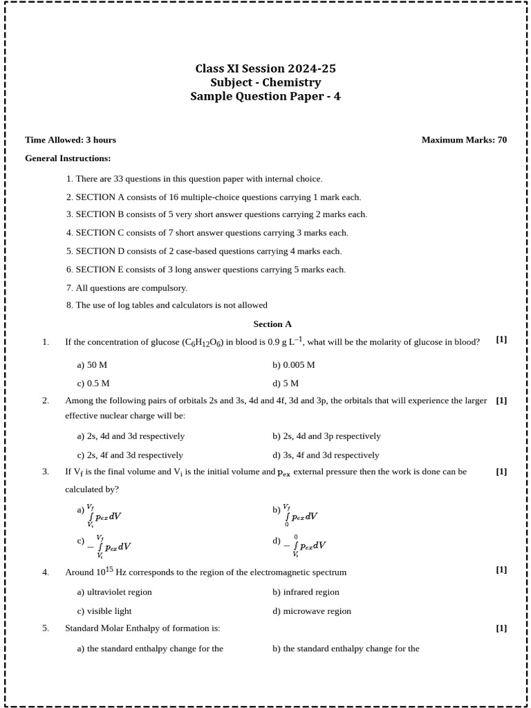 Class XI Session 2024-25 Subject - Chemistry Sample Question Paper - 4 | PDF | Molecular Orbital ...