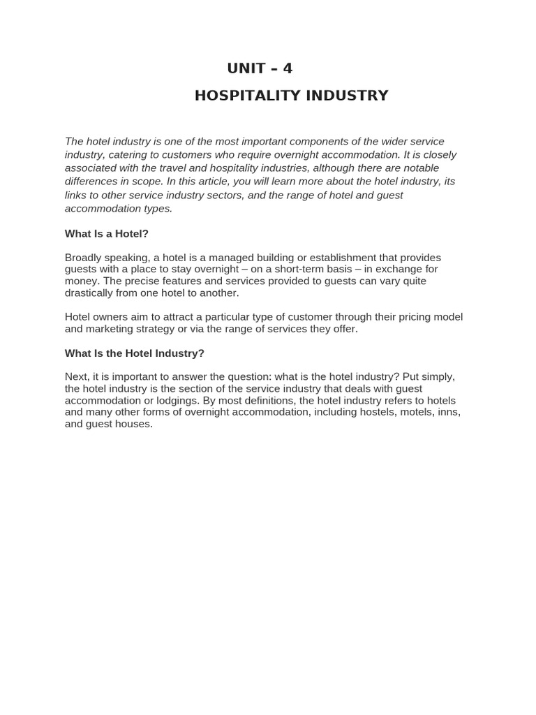 Unit - 4 Hospitality Industry | PDF | Hotel | Tourism