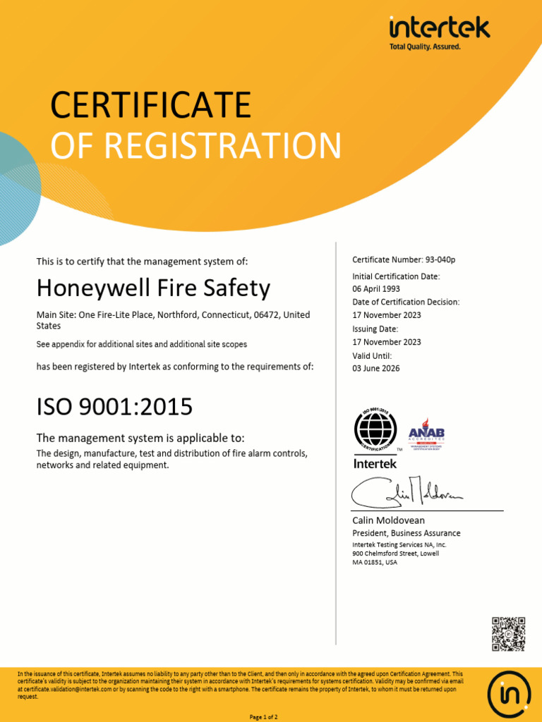 Honeywell Fire Safety ISO 9001 Certificate | PDF | Certification