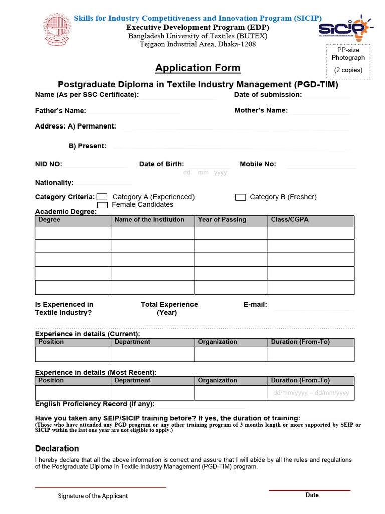 APPLICATION-FORM - SICIP-BUTEX Print | PDF | Educational Stages | Qualifications