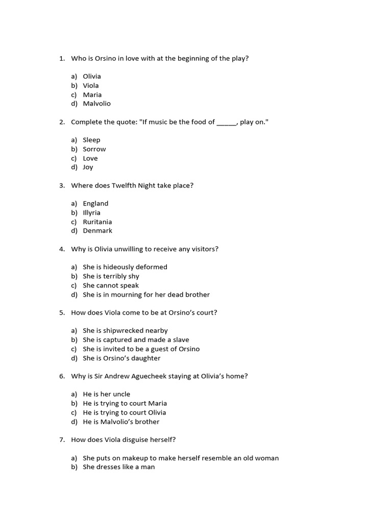 Twelfth Night Quiz: Key Plot Points | PDF | Shakespearean Comedies ...