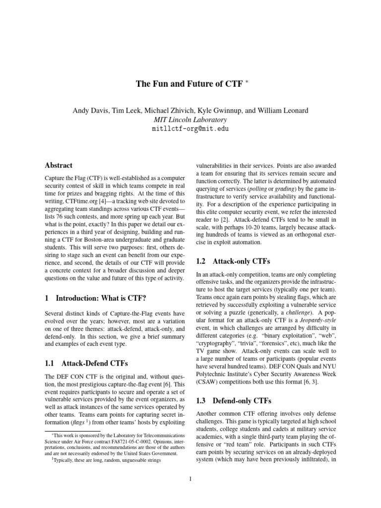 The Fun and Future of CTF: Andy Davis, Tim Leek, Michael Zhivich, Kyle Gwinnup, and William ...