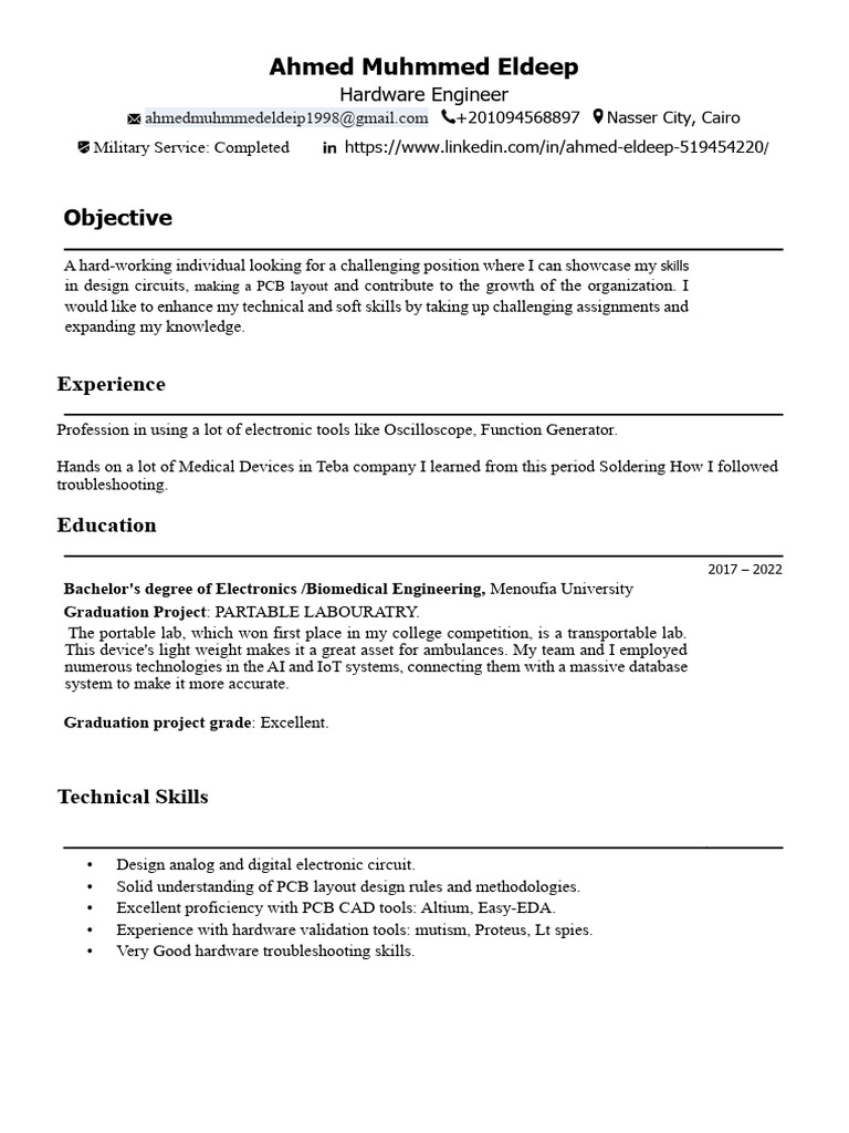 Ahmed Eldeep: Hardware Engineer Profile | PDF | Electronics | Power Supply