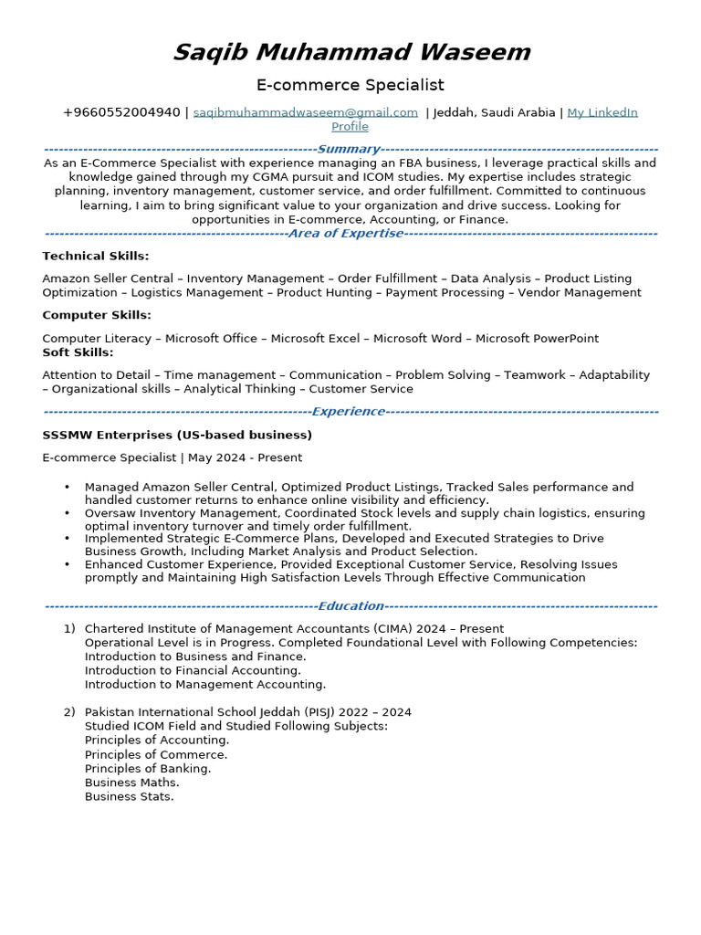 Saqib Muhammad Waseem Resume | PDF | E Commerce | Inventory