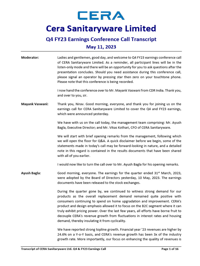 Cera Sanitaryware Limited: Q4 FY23 Earnings Conference Call Transcript | PDF | Dividend | Retail