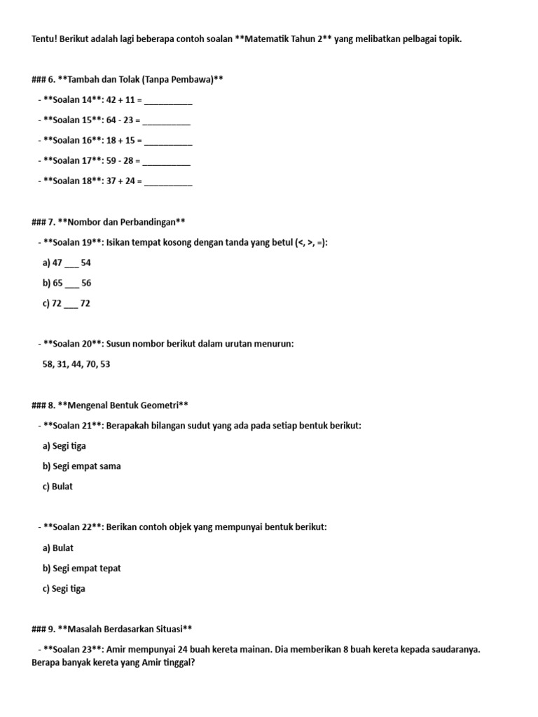 Soalan Mate Tahun 2a | PDF