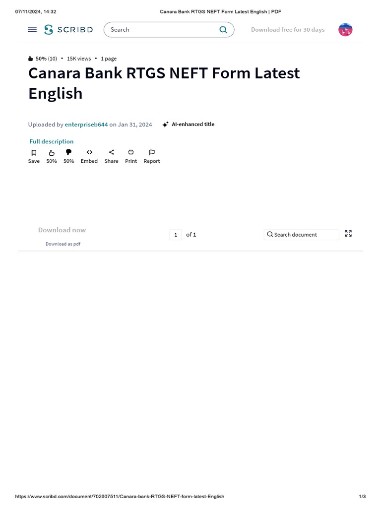 Canara Bank RTGS NEFT Form Latest English - PDF | PDF | Scribd | World ...
