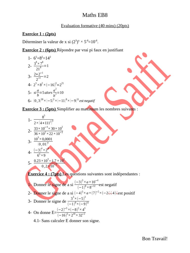 Examen de Maths EB8 avec Corrigés | PDF