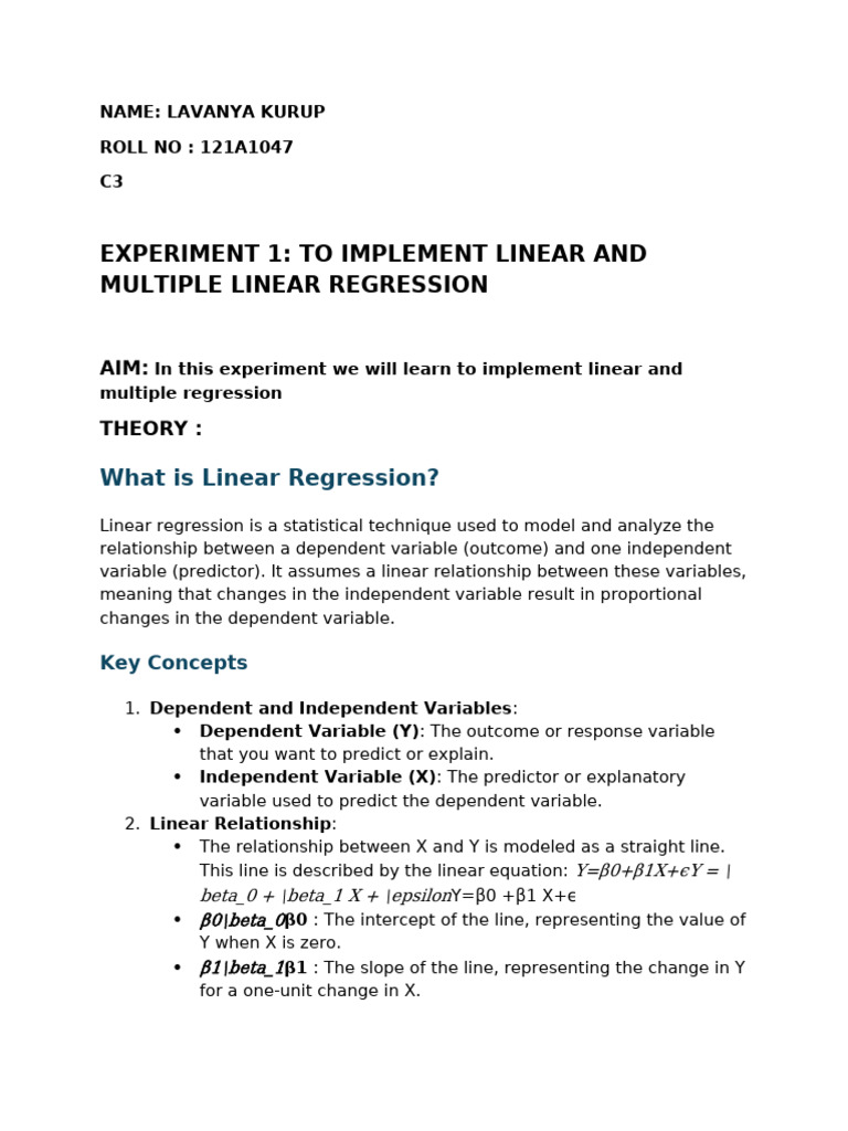 Exp 1 121a1047 Lavanya Kurup ML | PDF | Dependent And Independent Variables | Coefficient Of ...