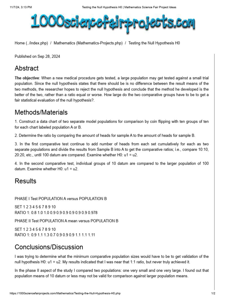 Testing The Null Hypothesis H0 - Mathematics Science Fair Project Ideas ...