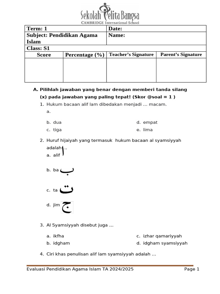 Soal Exam Term 1 Pai Kelas 7 2024-2025 | PDF