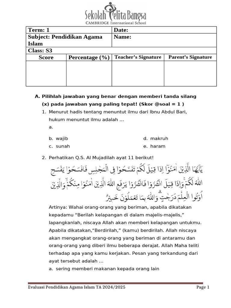 Soal Exam Term 1 S3 2024-2025 | PDF