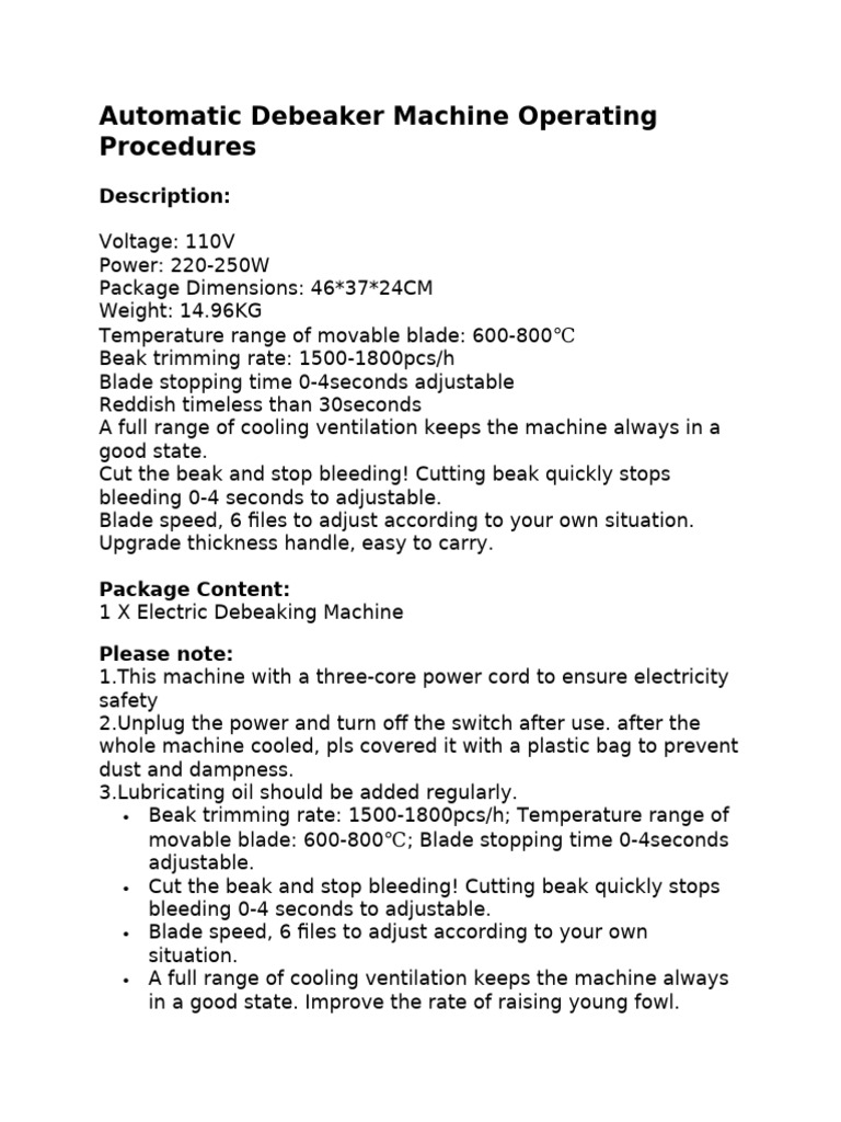 Automatic Debeaker Machine Operating Procedures | PDF | Home & Garden ...