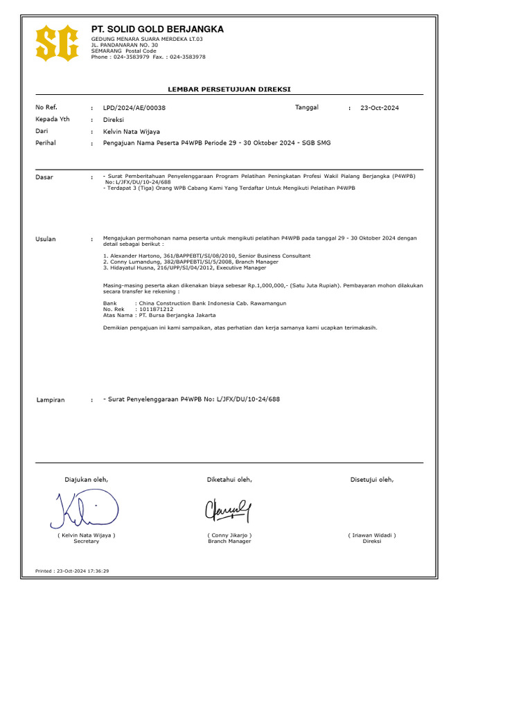 1024-00038-LPD-AE-Pengajuan Nama Peserta P4WPB Periode 29-30 Oktober 2024 - SGB SMG | PDF