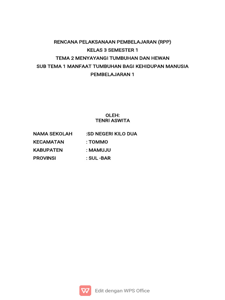 RPP Tema 2 Kelas 3 Tenri Aswita | PDF | Seni & Disiplin Bahasa | Sains & Matematika
