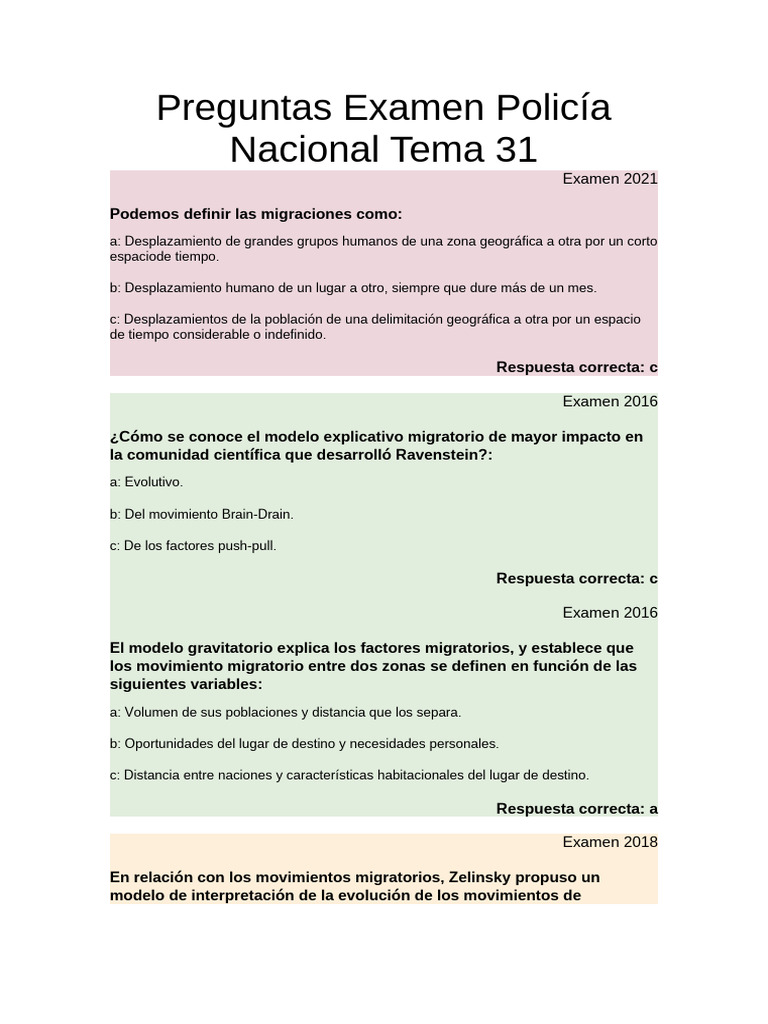Preguntas Examen Policía Nacional Tema 31 Oficiales | PDF | Migración humana