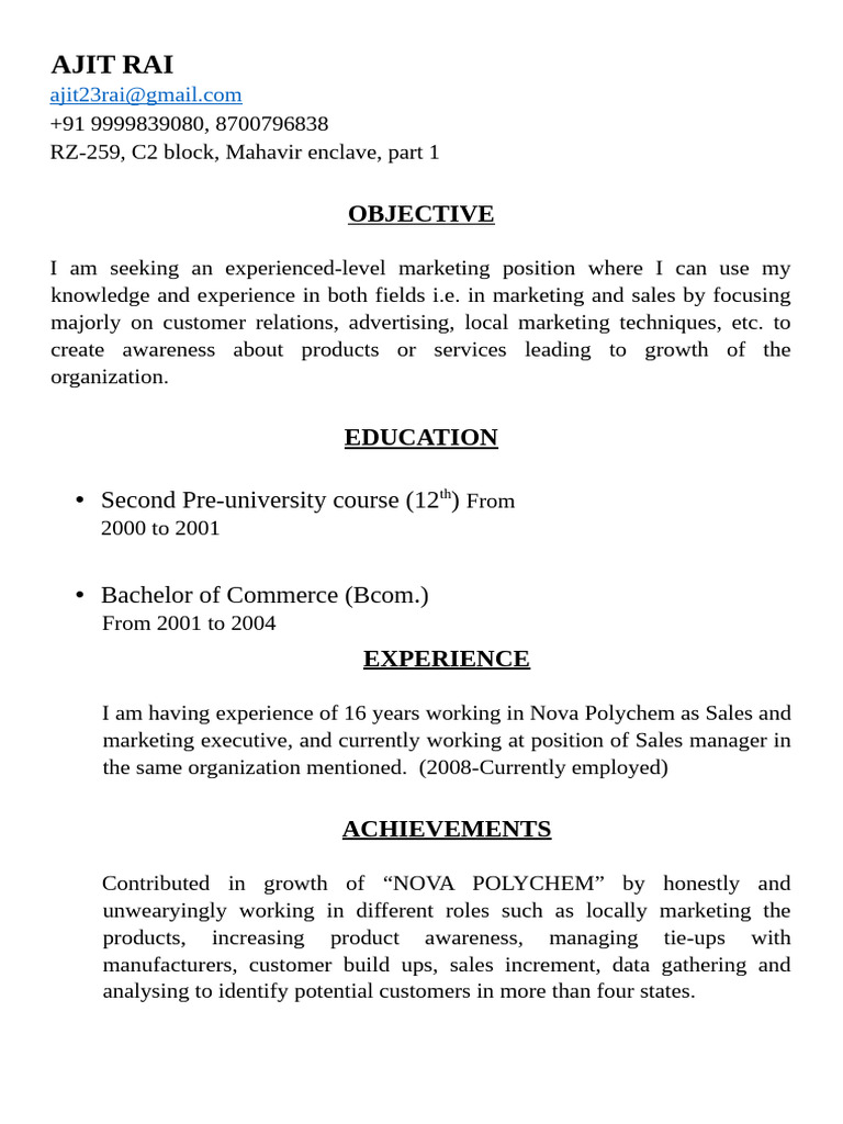 CV Ajit Rai | PDF | Business