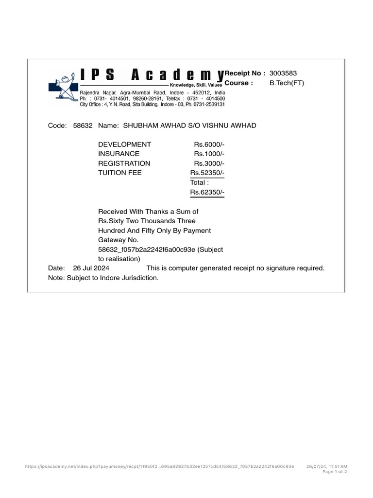 B.Tech Course Fee Receipt for Shubham Awhad | PDF