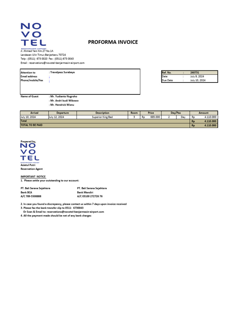 PROFORMA INVOICE - SURABAYA Travel | PDF