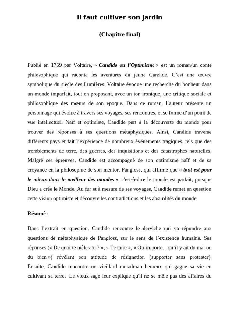 Cultiver notre jardin : leçon de Voltaire | PDF | Candide