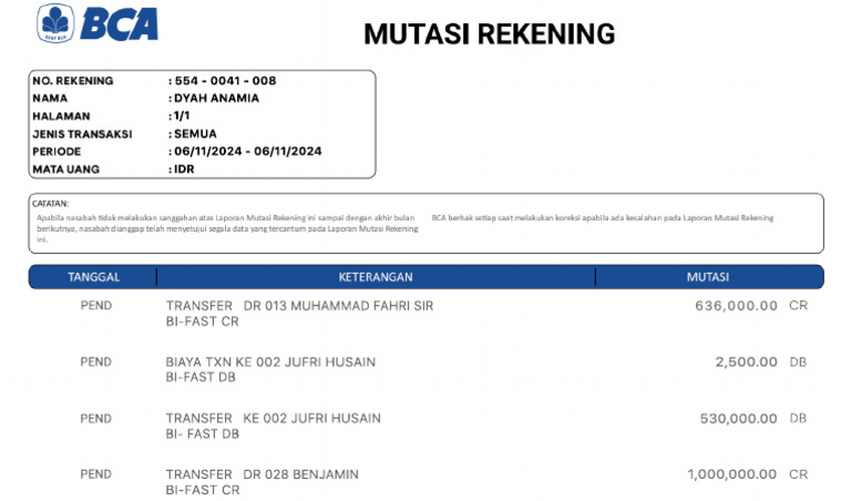 BCA Mutasi Statement | PDF
