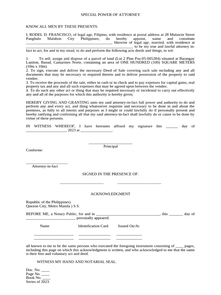 SPECIAL POWER OF ATTORNEY - Rodel | PDF | Power Of Attorney | Common Law