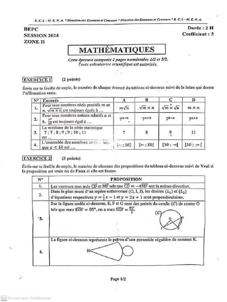 Sujet Bepc 2024 Mathematiques Zone 2 | PDF
