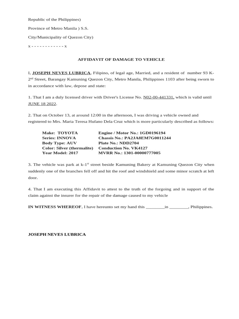 Affidavit of Damage Vehicle Additional | PDF