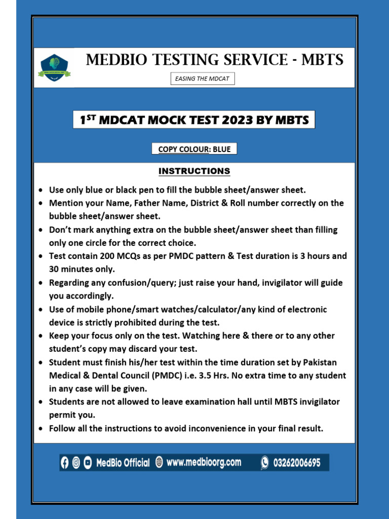MDCAT 2023 Mock Test Instructions | PDF | Chemical Reactions ...