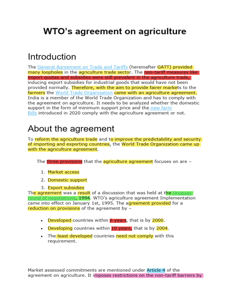 WTO Agreement on Agriculture Overview | PDF | World Trade Organization ...