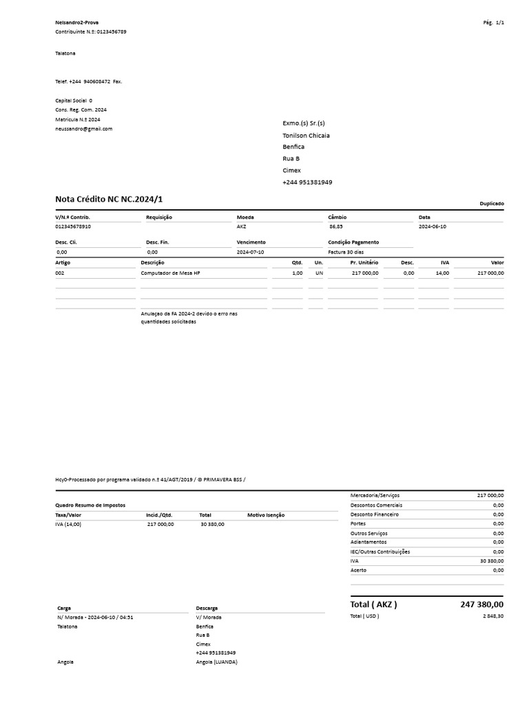 Nota de Crédito | PDF | Imposto sobre Valor Agregado (IVA) | Economias