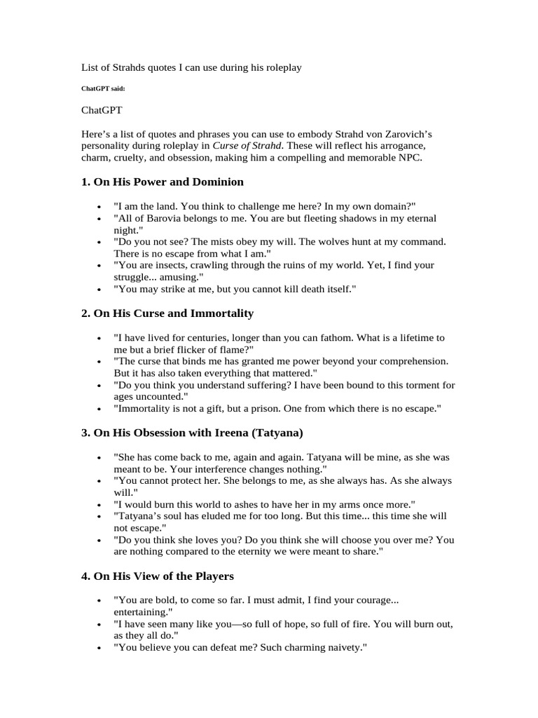 Strahd von Zarovich Roleplay Quotes | PDF | Courage