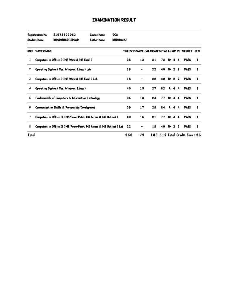 DCA Exam Results for Kunjbihari Sidar | PDF