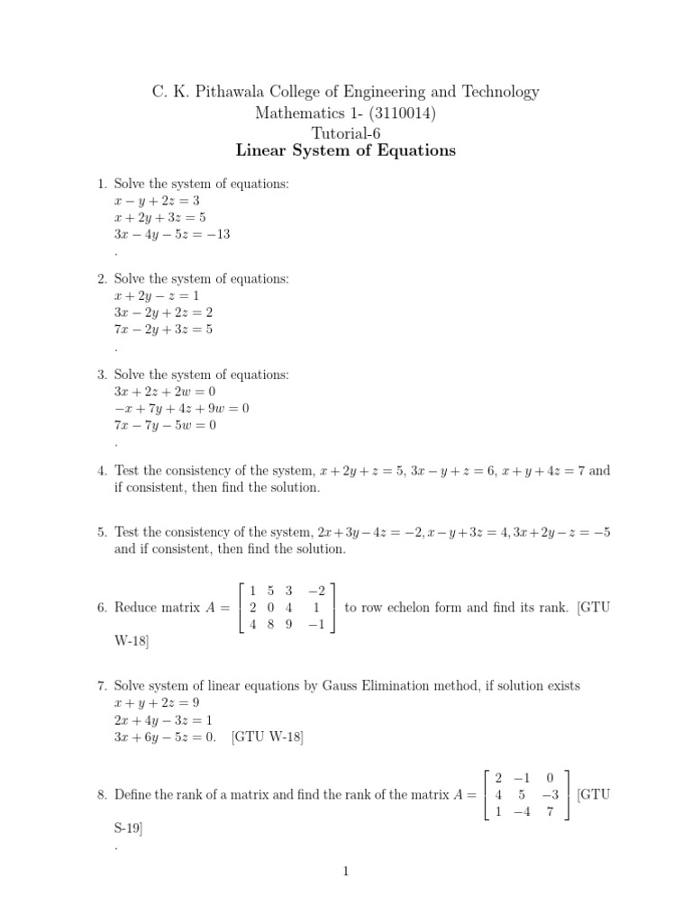 Linear Equations Tutorial Solutions | PDF