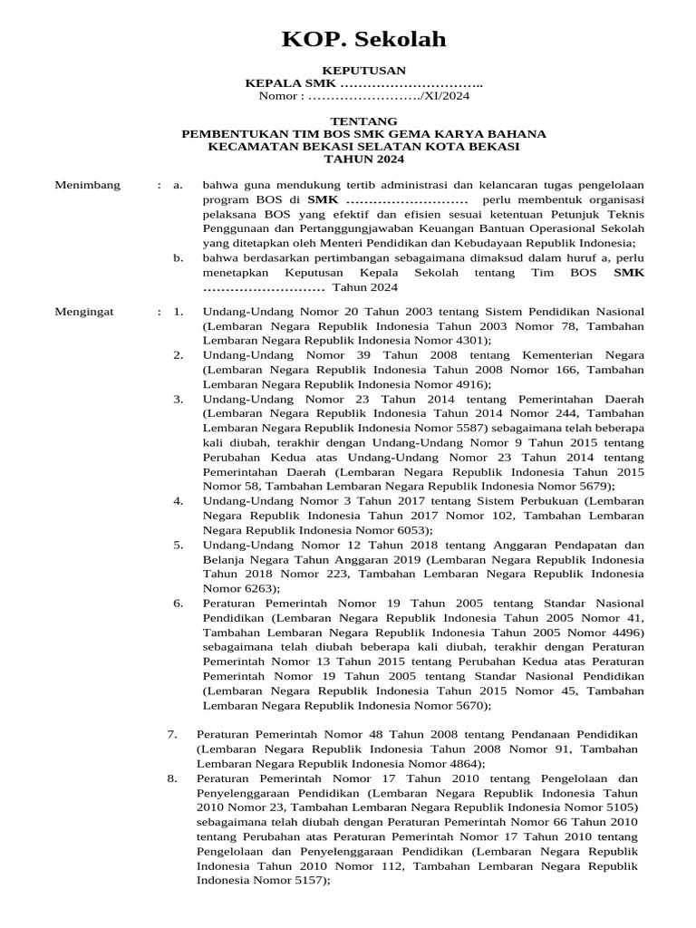 Contoh SK Tim BOSP Tahun 2024 | PDF