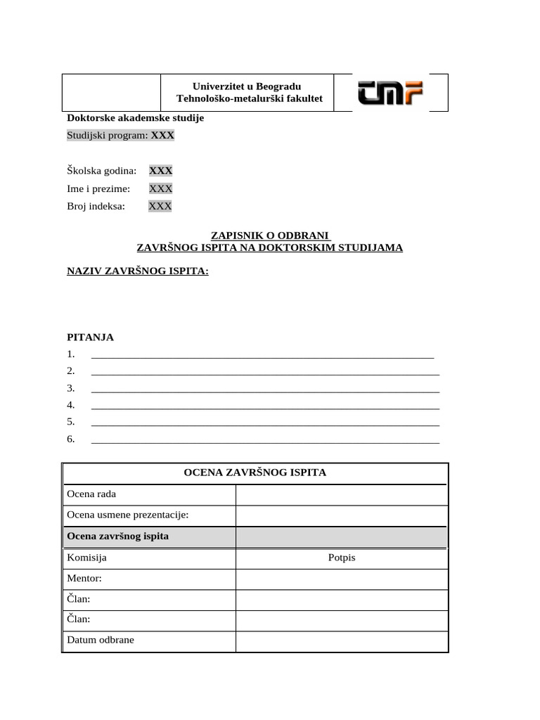 Obrazac o Odbrani Zavsnog Ispita Na Doktorskim Studijama | PDF