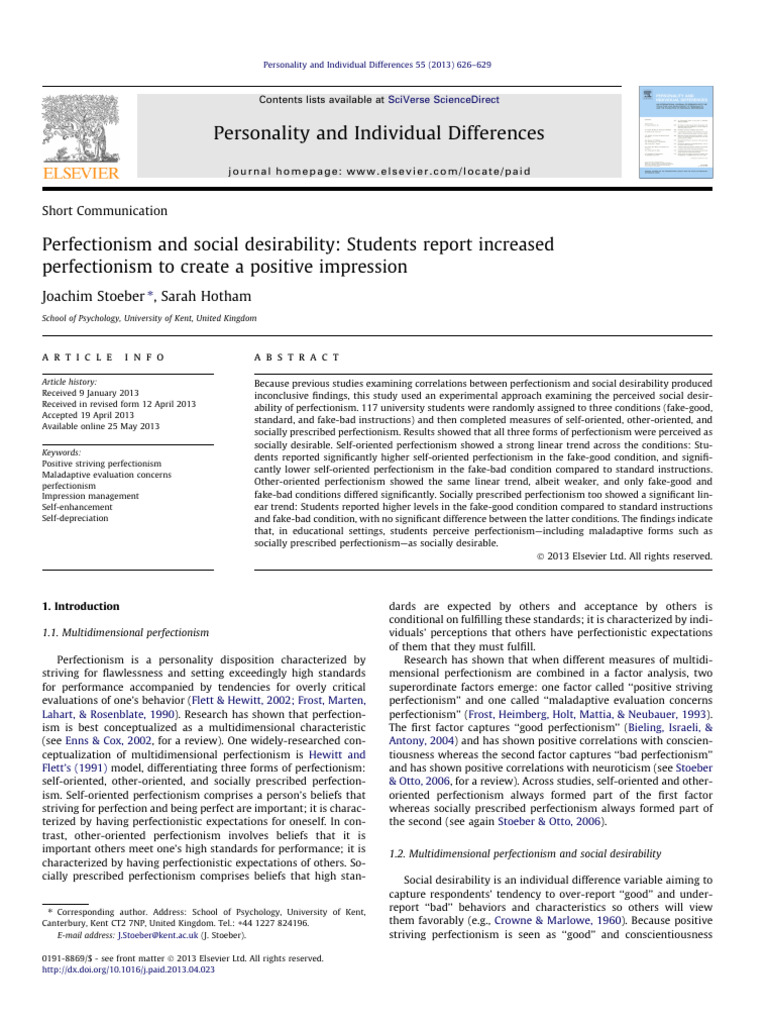 Personality and Individual Differences: Joachim Stoeber, Sarah Hotham ...